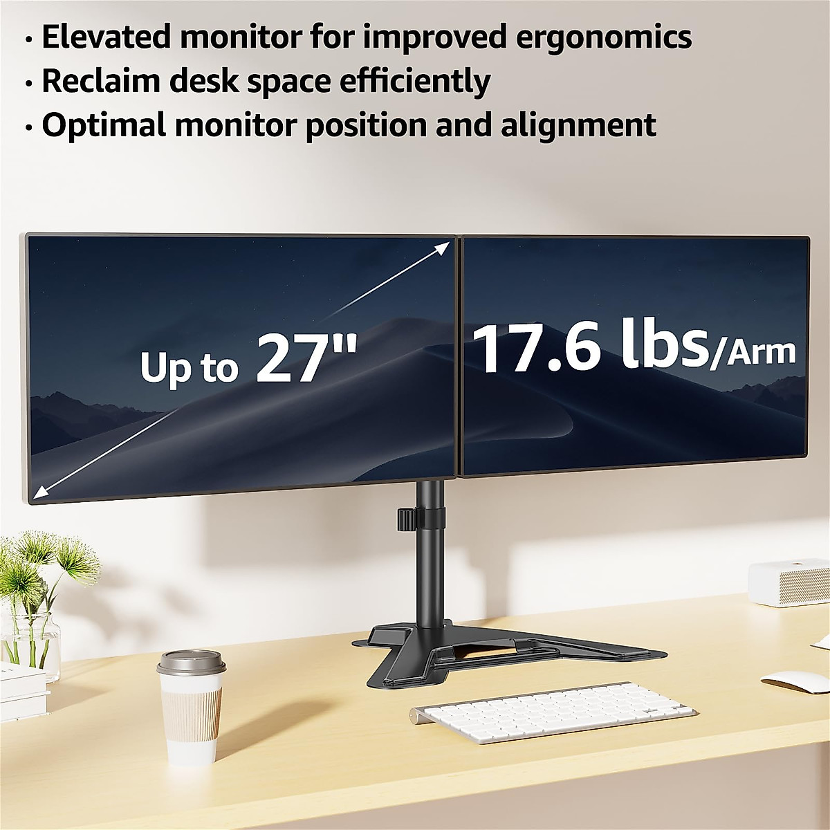 MOUNTUP Dual Monitor Stand - Freestanding & Height Adjustable Monitor Desk Mount, Steady VESA Mount Computer Monitor Stand for 2 Screens up to 27 inches, MU1002