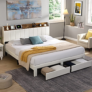 XKLOGER Upholstered Bed Frame King Size with Headboard, Platform King Bed Frame with Storage Drawers & Charging Station, No Box Spring Needed/Noise Free/Heavy Duty/White
