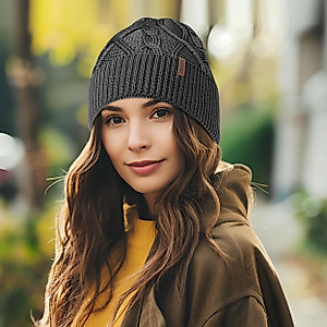 OUTDOOR SHAPING Merino Wool Beanie, Unisex Cable Knit Hat, Daily Rib Cuff Beanie, Warm Winter Cap, Black, One Size