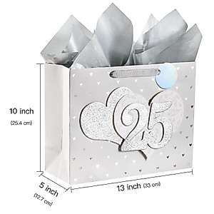 LeZakaa 13" Wedding Gift Bag, Silver Gift Bag with Tissue Paper, Gift Tag and Card - Number 25" with Heart 3D Paster for Silver Wedding Anniversary Celebrations