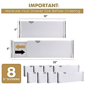 RAPTUROUS Drawer Divider - 2.5 Inches High, Expands from 13-22 Inch, Adjustable Dividers for Kitchen, Dressers - Organizers for Clothing, Baby Clothes, Untensils, etc - 8 Pack White Drawer Separators