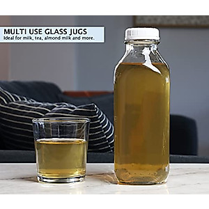 The Dairy Shoppe Heavy Glass Milk Bottle Jugs with Lids and Pour Spouts (2 pack, Liter/33.8 oz)