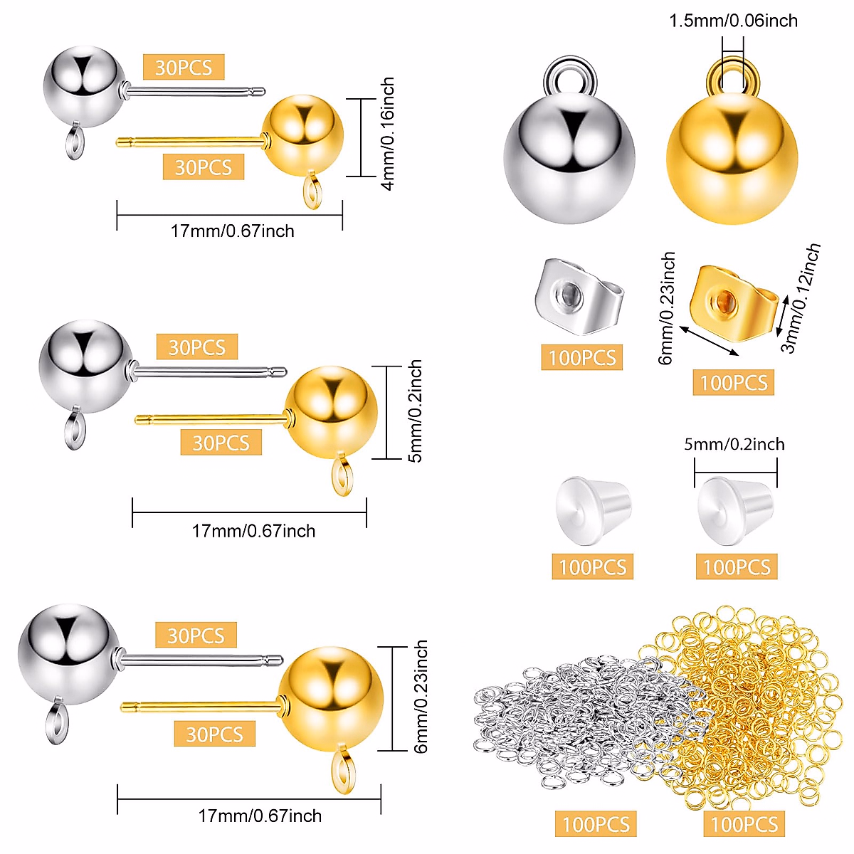 780 Pcs Ball Post Earring Studs for Jewelry Making with Loop 3 Sizes 4/5/6 mm Round Ball Earring Posts, Butterfly and Silicone Eardrop Backs, Open Jump Rings for DIY Jewelry Making(Gold, Silver)