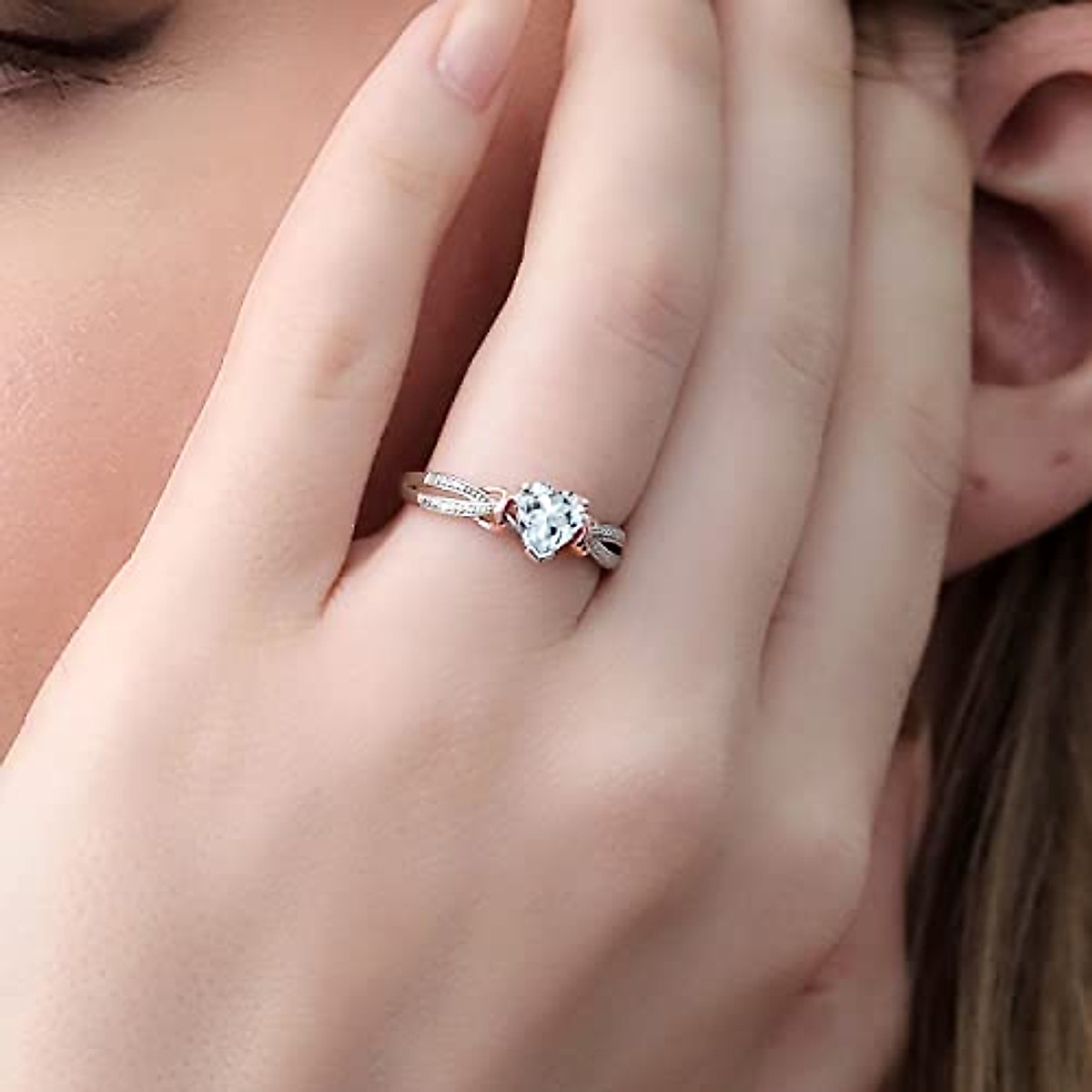 Gem Stone King 925 Silver and 10K Rose Gold 6MM Heart Shape Gemstone Birthstone and Diamond Engagement Ring | Wedding Anniversary Promise Ring For Women | Available In Size 5, 6, 7, 8, 9