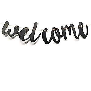 Welcome Black Glitter Vintage Party Banner Wedding Birthday Bunting House Home Classroom Decorations Garland Photo Props Back to School Party Supplies