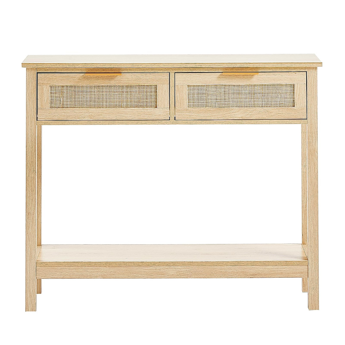VEVOR Rattan Console Table with 2 Storage Drawers, Rattan Entryway Table with Natural Rattan Sliding Door, Console Sofa Table for Living Room, Study, Entryway Or TV Wall, Natural