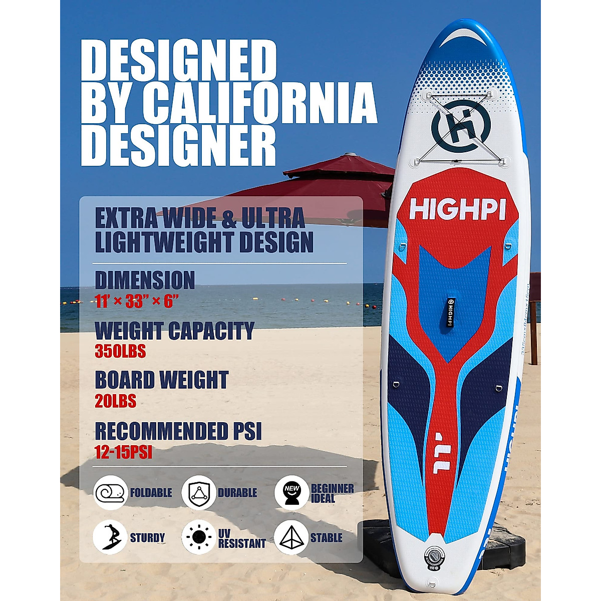 HIGHPI Inflatable Paddle Boards, 11'x33''x6'' SUP for Adults&Youth, Stand Up Paddle Boards with Accessories, Anti-Slip Deck, Stable Durable Lightweight, Suitable for Yoga Fishing Traveling