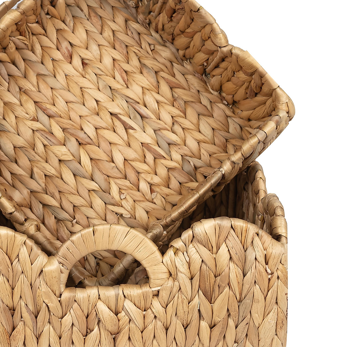 Set of 2 Scalloped Basket | Hand Woven Scallop Basket | Scalloped Wicker Basket with Handles | Scalloped Edge Basket Shelf Decorative | Natural Water Hyacinth scalloped baskets for Organizing