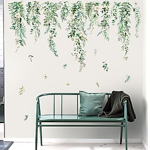 decalmile Large Hanging Vines Wall Decals Green Plants Tropical Leaves Flower Wall Stickers Bedroom Living Room Sofa TV Background Wall Decor