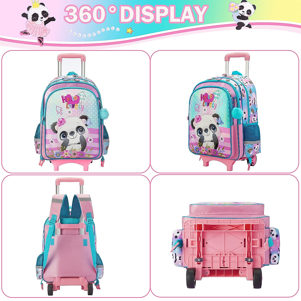 Meetbelify Rolling Backpack for Girls 5 in 1 Panda Elementary Student School Backpacks with Wheels Trip Luggage 17 inch kids Laptop Bag with Lunch Box for Teen Girls