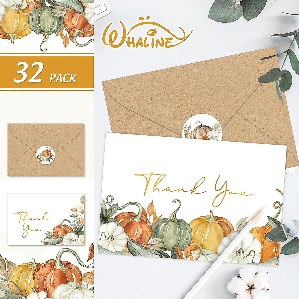 Whaline 32 Packs Fall Pumpkin Gold Foil Thank You Cards Autumn Watercolor Greeting Cards Blank Note Cards with Envelopes and Stickers for Thanksgiving Birthday Baby Shower Party, 4 x 6 Inch