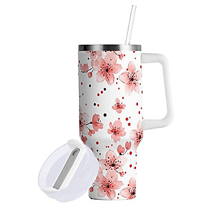 ALAZA Cherry Flowers Dots 40 oz Tumbler Water Bottle with Straw Lid and Handle,Reusable Insulated Stainless Steel Cup for Women Men Travel Car Cup Holder