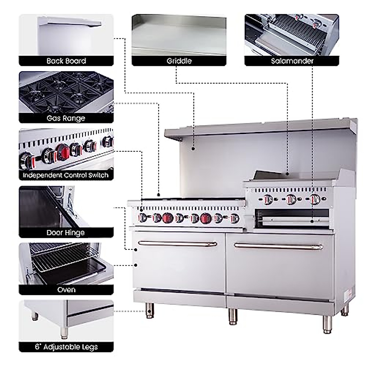 EASYROSE 60 Inch Gas Range 6 Burner Heavy Duty Ranges With Griddle, Salamander & 2 Ovens, Commercial Range for Kitchen Restaurant - 276,000 BTU, ETL Certified
