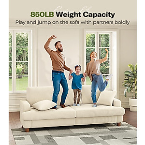 Kidirect 87in Beige White Sofa, Couches for Living Room 21in Extra Deep Seats, Comfy Corduroy Sofas for Living Room No Tool Assembly, Modern Oversized Love Seat with 2 Pillows, Sofa Couch for Bedroom