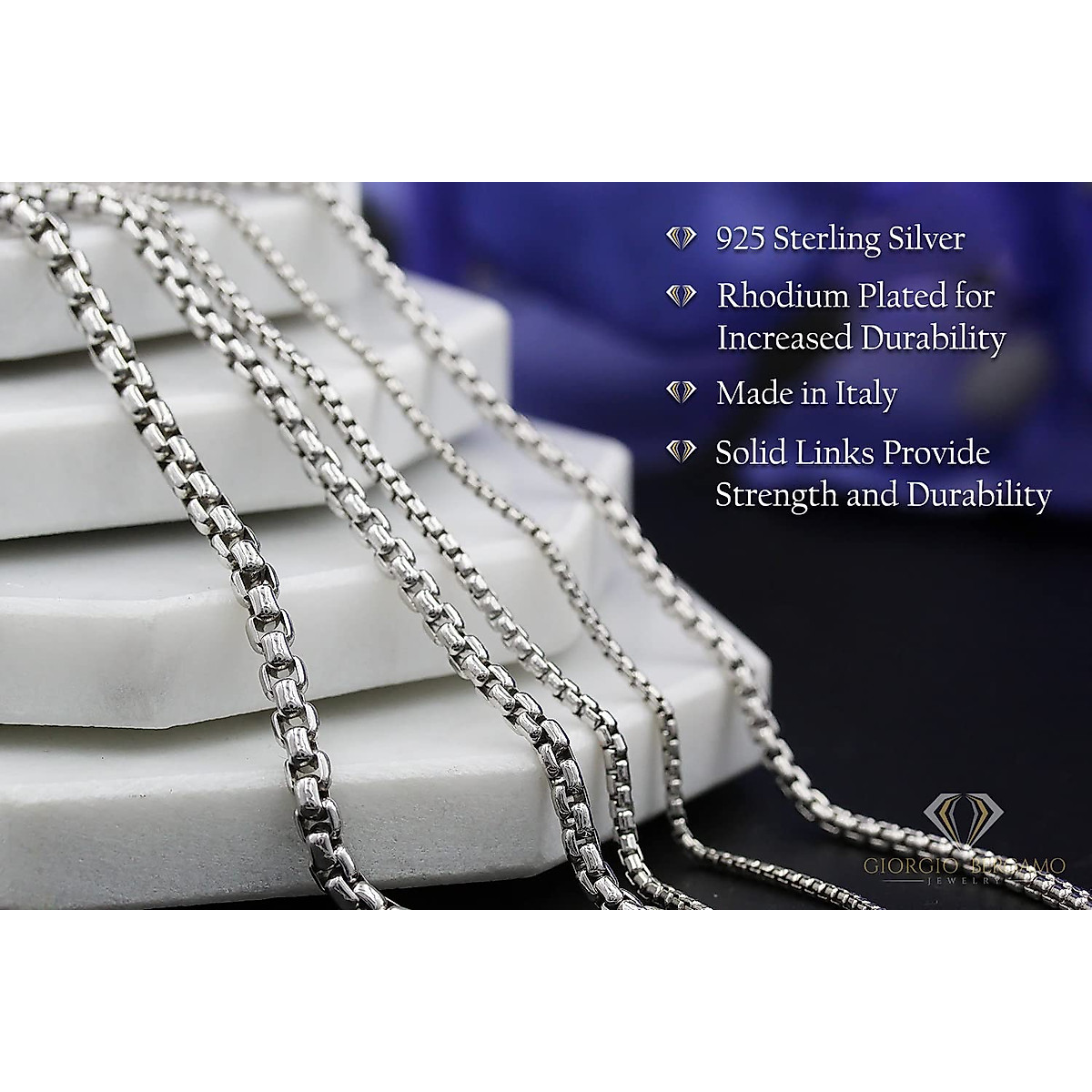 Giorgio Bergamo 925 Sterling Silver Italian 2.5mm Round Box Chain, Solid Rolo Link Rhodium Necklace, (20)