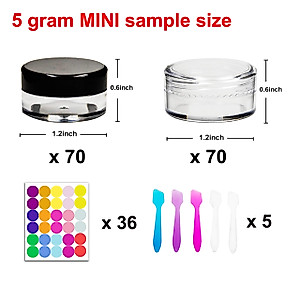Youngever 140 Pcs Empty Plastic Cosmetic Samples Containers, Plastic Jars With Lids, 5 Mini Spatulas (5 Gram)
