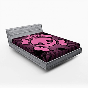 Ambesonne Skull Fitted Sheet, Illustration Crown Dark Grunge Style Teen Spooky Halloween October Fall Print, Soft Decorative Fabric Bedding All-Round Elastic Pocket, Queen Size, Black Pink