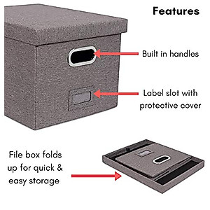 Internet's Best Collapsible File Box Storage Organizer with Lid - Decorative Linen Filing & Storage Office Boxes – Hanging Letter/Legal Folder – Home Office Bins Cabinet – Grey Container - 1 Pack