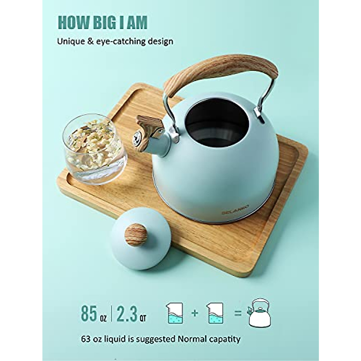 Tea Kettle, BELANKO 85 OZ / 2.5 Liter Whistling Tea Kettle, Tea Pots for Stove Top Food Grade Stainless Steel with Wood Pattern Folding Handle, Loud Whistle Kettle for Tea, Coffee, Milk - Turquoise