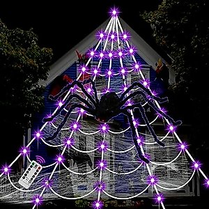SIXVALA Halloween Decorations, 16.4Ft Halloween Spider Web with 135 LED Purple Lights & 6.6Ft Giant Spider & 30 Small Spiders & 60g Stretch Cobweb, Remote Control with 8 Modes for Yard Halloween Décor