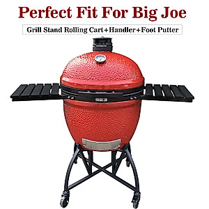 Rolling Cart with Handle+Foot Putter for Kamado Je Big Joe Accessories,Rolling Cart with Heavy Duty Locking Caster Wheels Powder Coated Steel Rolling Outdoor Cart for Kamado Big Joe Grill Stand