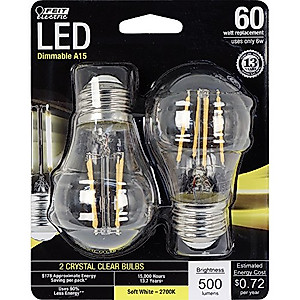 Feit Electric - Decorative Clear Glass Filament LED Dimmable 60W Equivalent Soft White (2700K) Classic A15 Light Bulb, 2-Bulb (BPA1560/827/LED/2), 3.2" H x 1.85" D