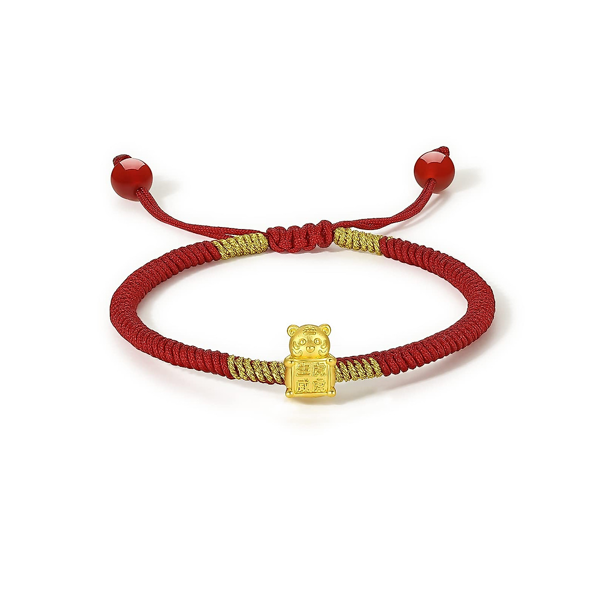 ZHOU LIU FU 24K Solid Gold Bracelets, Real Pure Gold Bracelet Chinese Zodiac Jewelry Adjustable Red Braided Bracelet Rabbit Dragon Dog Piggy with Blessing Idiom for Women Men Girlfriend
