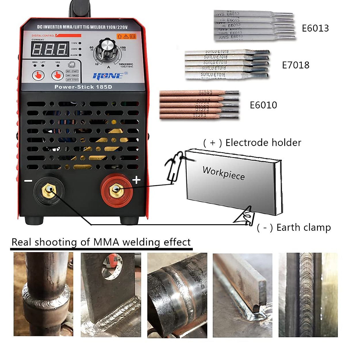 HONE ARC Welder, Actual 185Amp 110V/220V Stick Welder with Lift Tig Function, Digital IGBT Inverter Welding Machine with Hot Start Arc Force Anti-Stick VRD, High Duty Cycle for 1/16"-5/32" Welding Rod