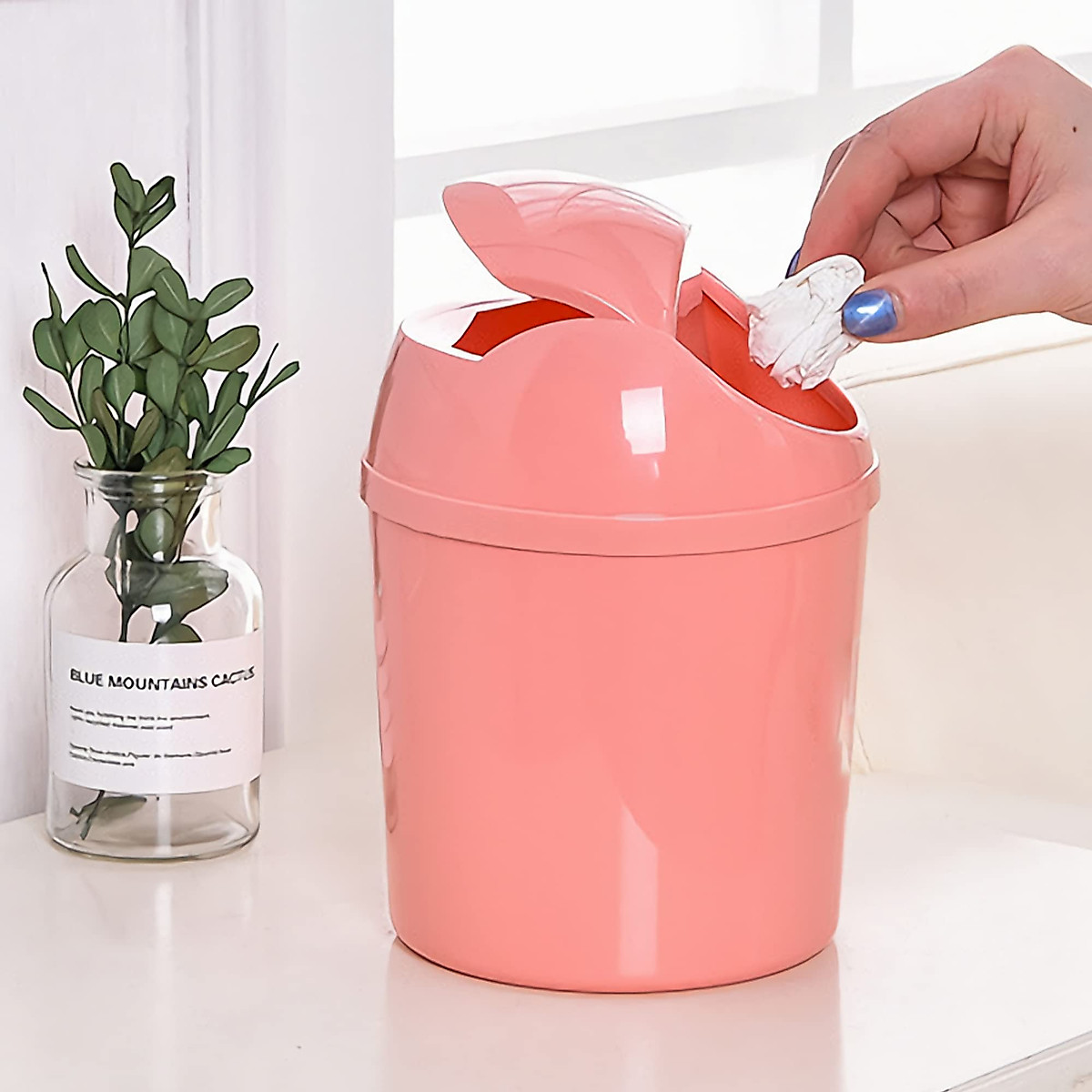 Sheebo 2Pcs Mini Trash Can with Swing Lid Wastebasket Value Packs with 100 Counts Mini Trash Bags for Bathroom Vanity, Desktop, Tabletop or Coffee Table - 2 Liter (Round Cone - Pink + Beige)