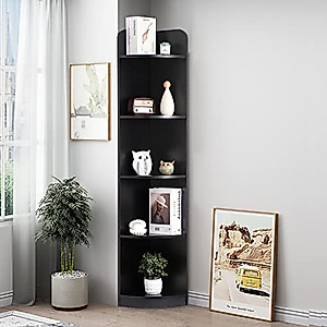 Fun Memories 5-Tier Corner Bookshelf - 63" Tall Modern Free-Standing Corner Bookcase - Durable Wood Corner Cabinet and Plant Shelf in Sleek Black for Living Rooms, Bedrooms, Kitchens and Offices