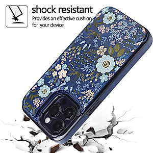 uCOLOR Compatible with iPhone 15 Pro Max 6.7" Wallet Case with Card Holder Slot Folio Flip Leather Kickstand Magnetic Clasp RFID Blocking Design Cover 15PM 6.7 Inch (Navy Blue Flowers)