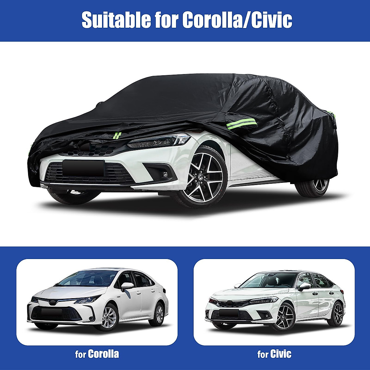 Waterproof Car Cover with Door Zipper for Toyota Corolla 2000-2023 and Honda Civic 1991-2023, All Weather Outdoor Full Exterior Covers for Rain, Sun, Wind Protection, Universal Fit Sedan 178-185 inch