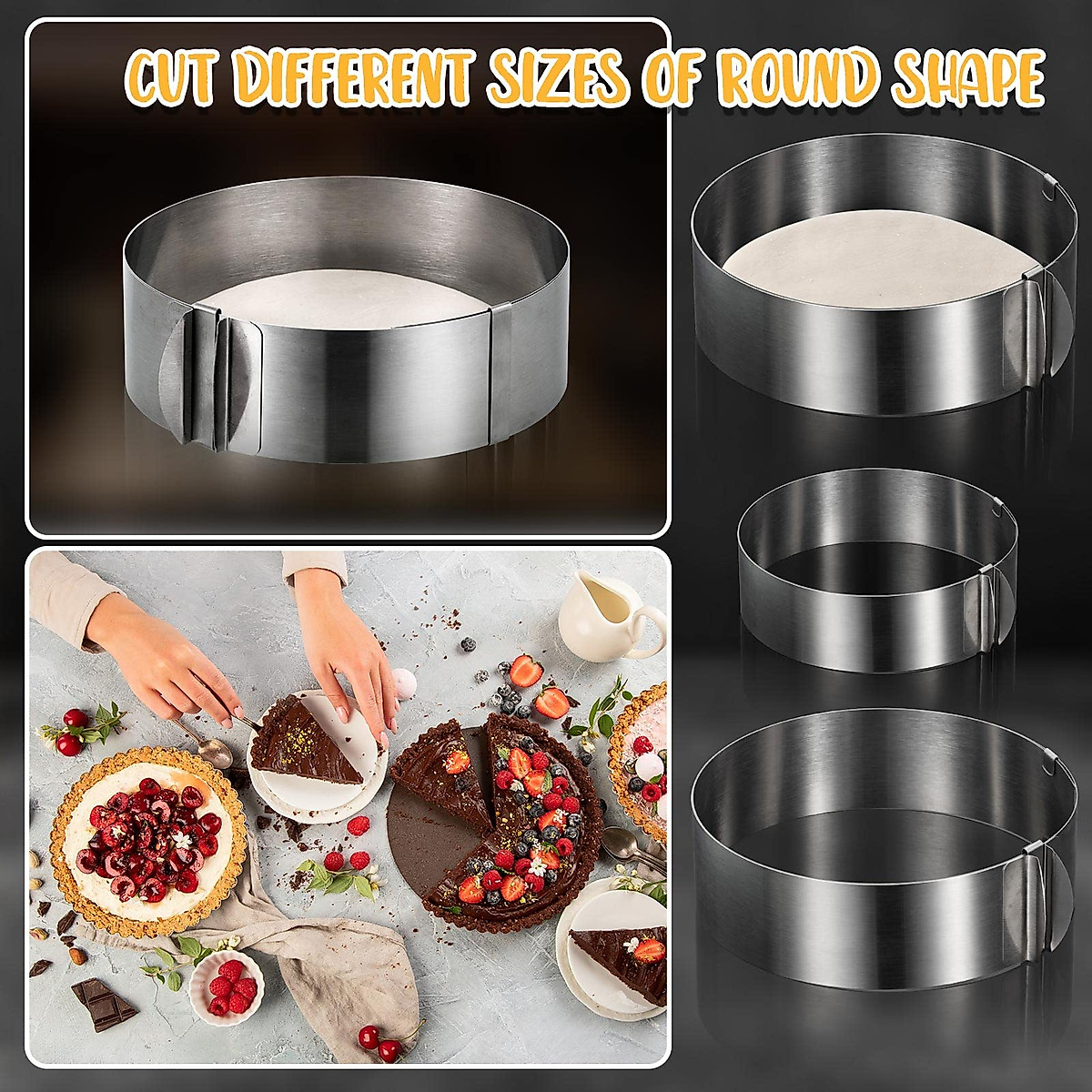 Amylove 6-12 Inch Round Cookie Cutters Adjustable Cake Cutter Stainless Steel Round Cake Trimmer for Baking Kit Mousse Layered Cake Biscuit Food Tiramisu Pastry
