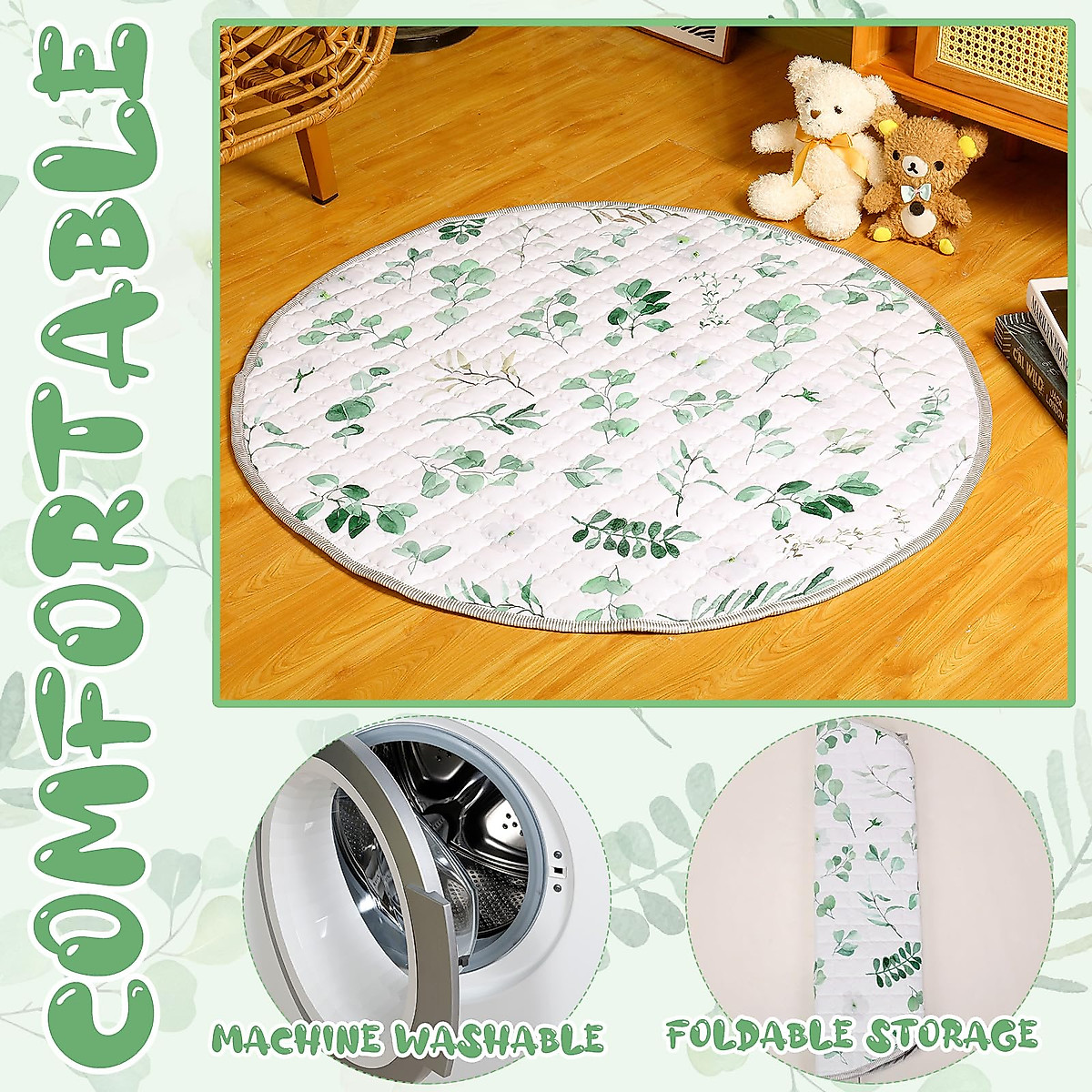 Wesiti Baby Play Mat Non Slip 40 x 40'' Large Baby Activity Mat Round Tummy Time Washable Foldable Floor Pads for Infant Nursery Room Indoor Outdoor(Eucalyptus Leaf)