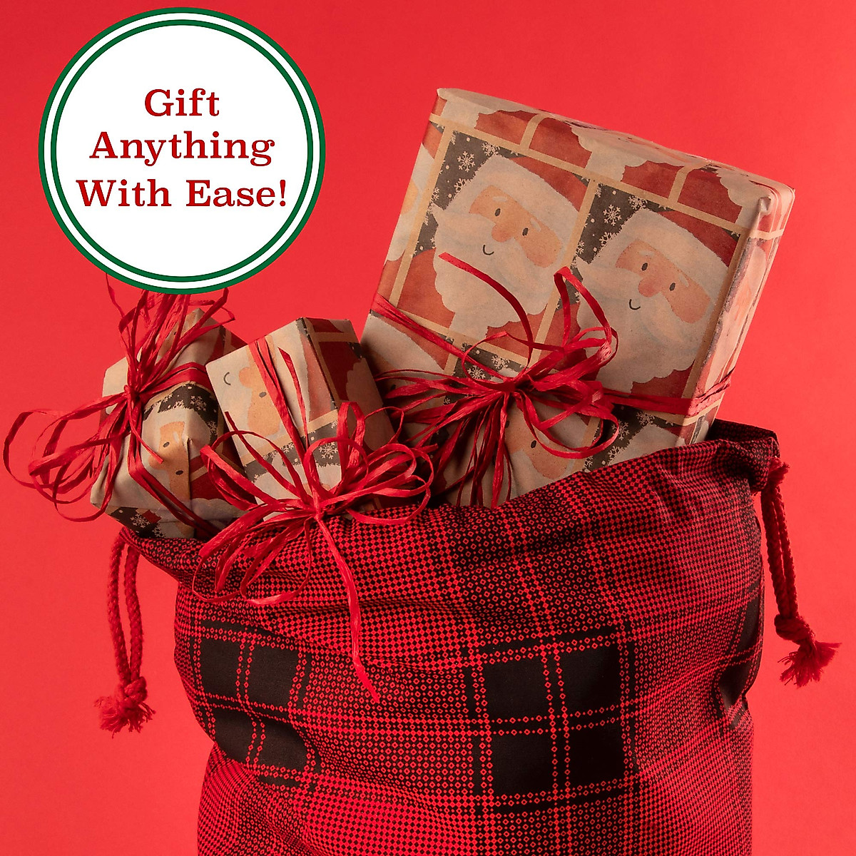 Pudgy Pedro's Party Supplies - Christmas Canvas Gift Bags - X-Large 26" x 19" Red Xmas Plaid - Jumbo Fabric Present Cloth Stocking - 1 ct