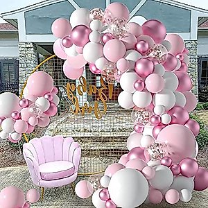 Pink Balloons Garland Arch Kit, Pastel Light Pink White Balloons, Metallic Pink Rose Gold Confetti Birthday Party Balloons for Baby Shower,Bridal,Wedding,Birthday,Anniversary Party