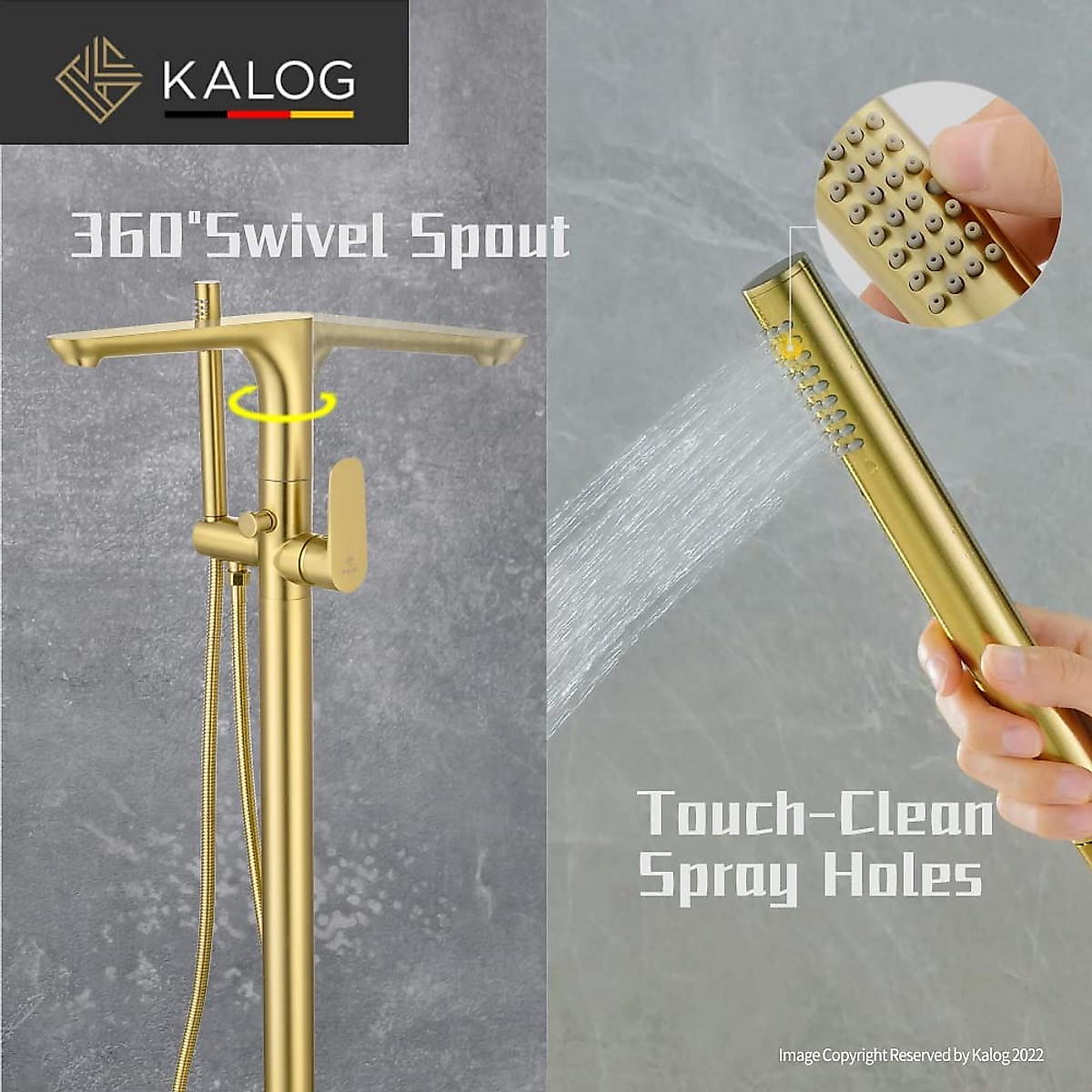 KALOG Single Handle Freestanding Tub Filler Floor Mount Bathtub Faucet with Handheld Shower (Brushed Gold-G)