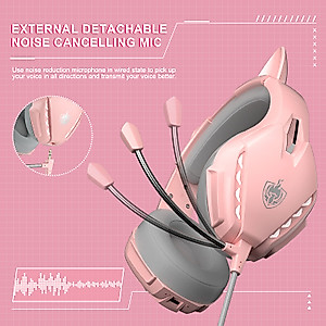PHOINIKAS PS5 Gaming Headset for PS4, PC, Switch, Q10 Xbox One Headset with Stereo Sound, Detachable Mic, Wireless Bluetooth 5.3 Headphone only for Laptop/Phone/Tablet, 40H Plyatime (Pink)