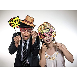 Wedding Photo Booth Props Kit - 38 Pieces with Wooden Sticks - Engagement, Birthday Party, Wedding Shower, Bridal Shower Photo Booth Props - Carpediem Party Prop Essential Vol.1