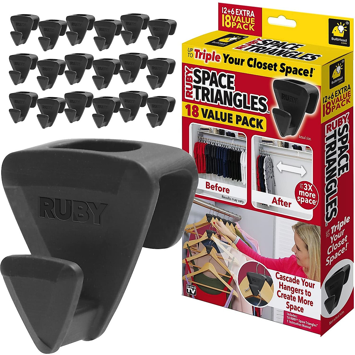 New Ruby Space Triangles AS-SEEN-ON-TV Ultra- Premium Hanger Hooks Triple Closet Space 18 Value Pack, Black, 2 in.