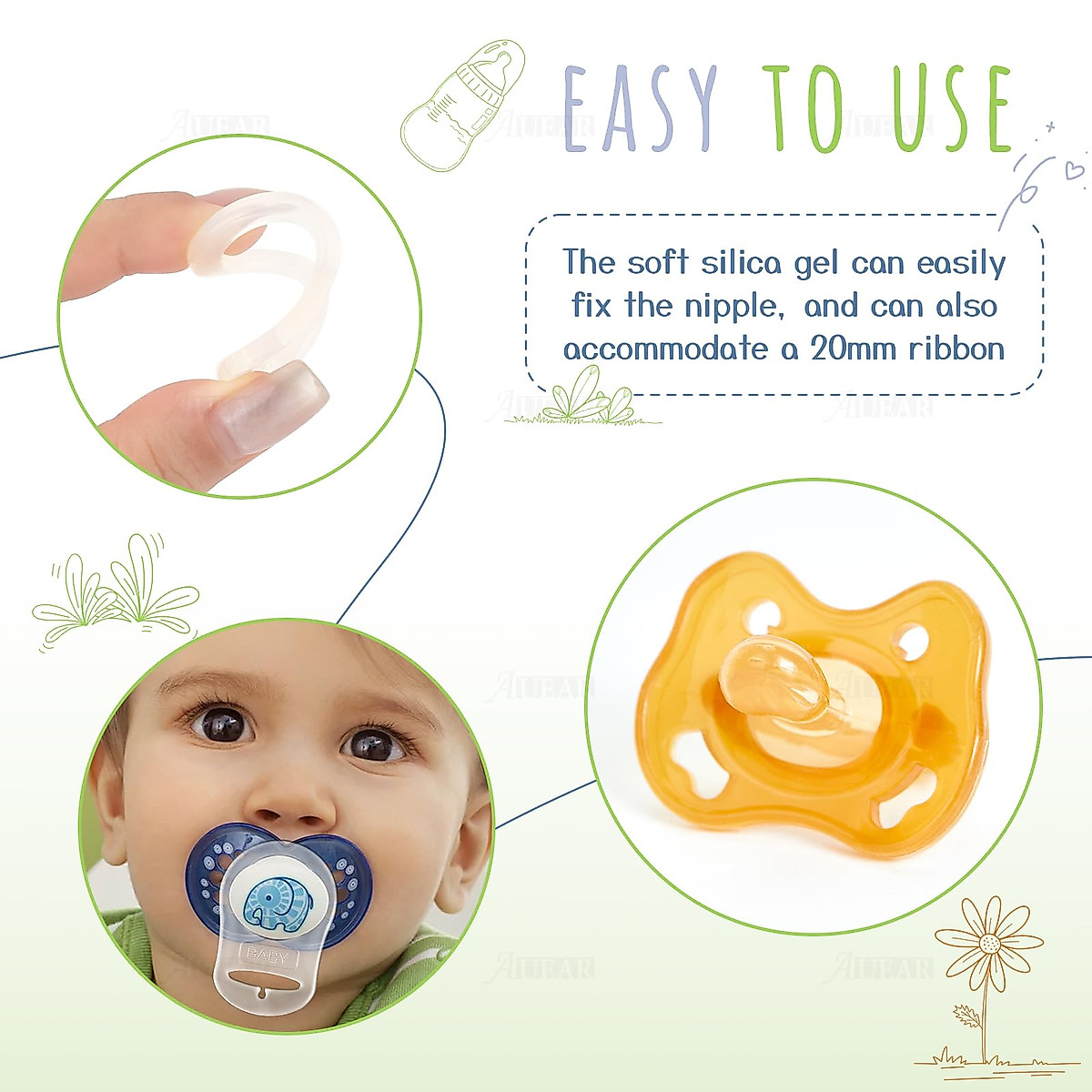 AUEAR, 10 Pack Silicone Adapter Rings Holder for Nipple Pacifier Clip Food Grade Transparent Color