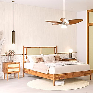 Bme Oliver Headboard Queen Size Bed Frame - 15-Inch Signature Design with Rattan Headboard, Bohemian and Mid Century Style, 12-Slat Wood Support, No Box Spring Needed - Easy Assembly, Caramel