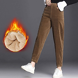 Fleece Lined Corduroy Pants for Women's Winter Warm Sweatpants Plush Sherpa Long Trousers Thick Jogger Pants Brown