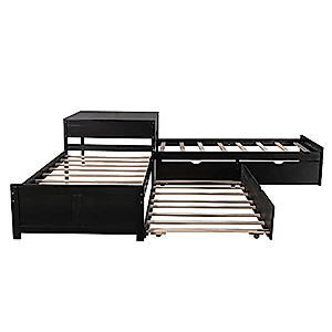 L Shaped Platform Bed with Trundle and Drawers Linked with Built-in Desk, Wooden Twin Bed Frame for 3 Kids Teens Adults, Espresso
