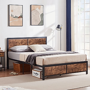 VECELO Queen Platform Bed Frame with Rustic Vintage Wood Headboard, Mattress Foundation, Strong Metal Slats Support, No Box Spring Needed ,Brown