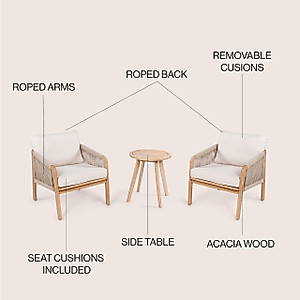 JONATHAN Y LVG1203A-3SET Aveiro 3-Piece Modern Bohemian Roped Acacia Wood Conversation Outdoor Patio Set with Cushions Coastal, Contemporary, Transitional, Rustic, Cottage, Beige/Light Teak