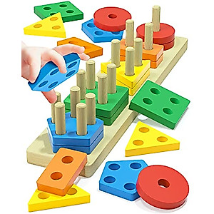 Montessori Toys for 1 2 3 Year Old Boys Girls Toddlers, Wooden Sorting and Stacking Toys for Toddlers and Kids, Preschool, Educational Toys, Color Recognition Stacker Shape Sorter, Learning Puzzles