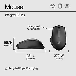 HP Wireless Silent 280M Mouse - Ergonomic Right-Handed Design, 18 Month Battery Life, and 2.4GHz Reliable Connection - Works for Computers and Laptops - Far Quieter Clicks than Most Mice,Black