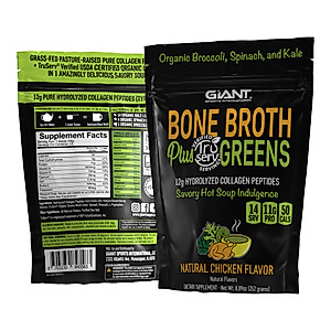 Giant Sports Bone Broth Plus Greens | Organic Super Greens Powder + Delicious Collagen Peptides Mix | Paleo and Keto Friendly | Natural Chicken Flavor 14 Servings