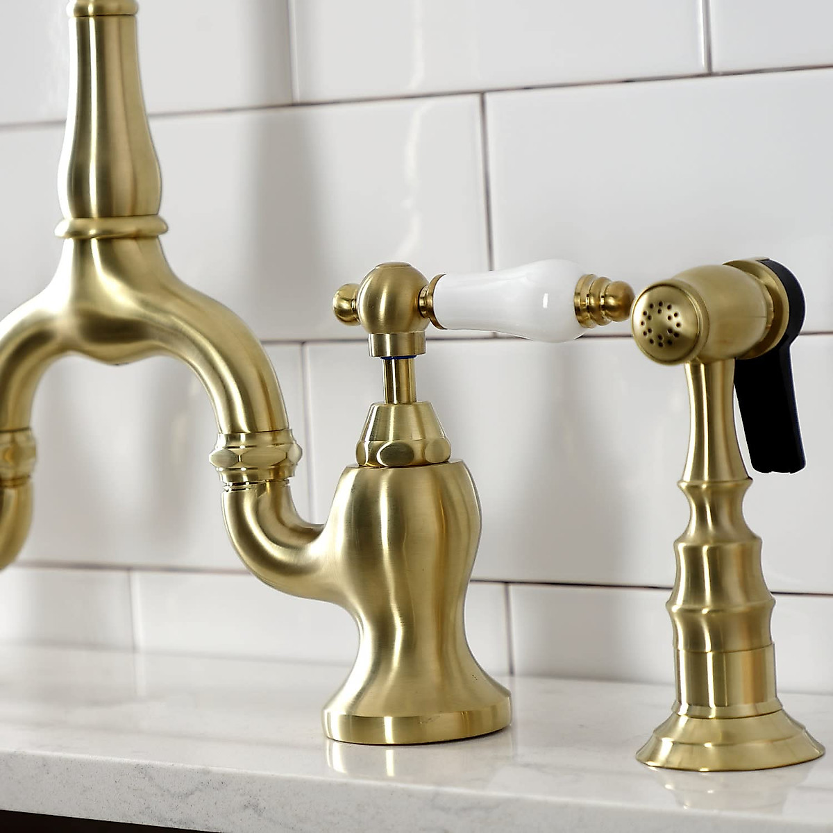 Kingston Brass KS7753PLBS English Country Bridge Kitchen Faucet, Antique Brass